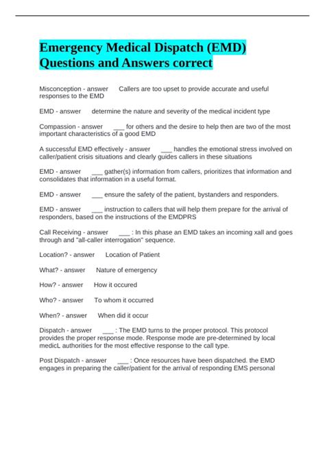 Emergency Medical Dispatch Emd Questions And Answers Correct Emd