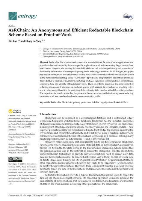 Pdf Aerchain An Anonymous And Efficient Redactable Blockchain Scheme Based On Proof Of Work