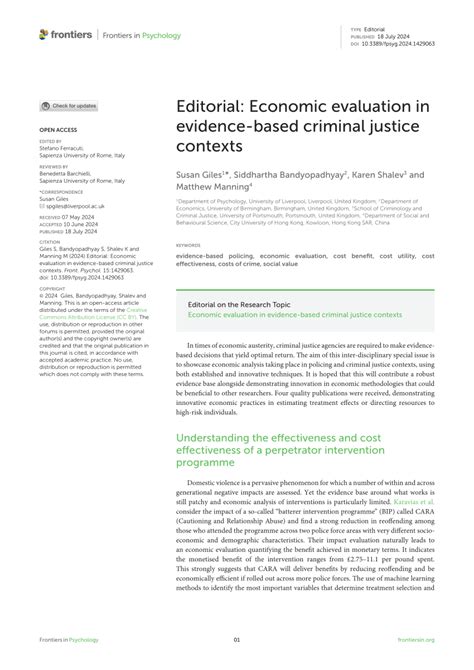 Pdf Editorial Economic Evaluation In Evidence Based Criminal Justice Contexts
