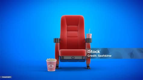 시네마 컨셉 파란색 배경에 컵 음료와 팝콘 상자가 있는 빨간색 영화관 의자의 전면 보기 3d 그림 영화관에 대한 스톡 사진 및 기타 이미지 Istock