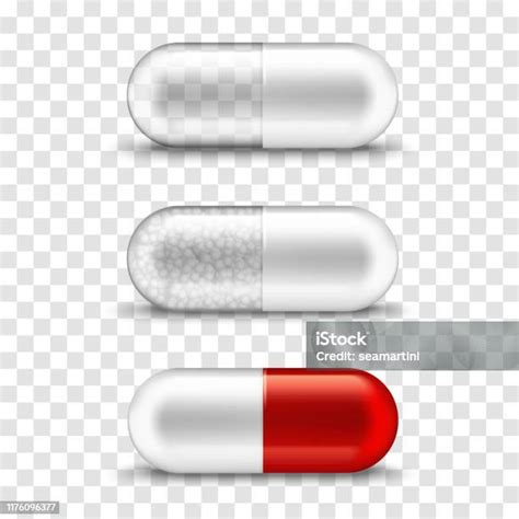 알약 캡슐 3d 사실적인 빨간색과 투명 가루로 빻은에 대한 스톡 벡터 아트 및 기타 이미지 가루로 빻은 약품 캡슐 0명 Istock