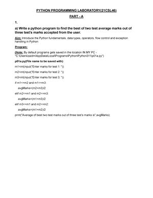 21CSL46 Python Programming Lab Manual As Per Choice Based Credit