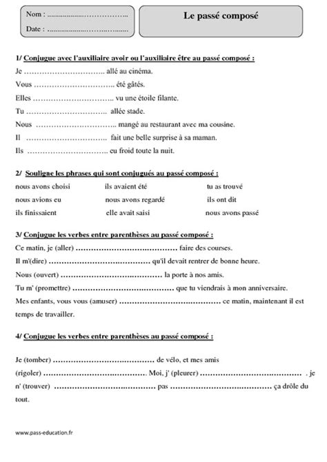 Passé Composé Cm1 Exercices Corrigés Conjugaison Cycle 3 Pass Education