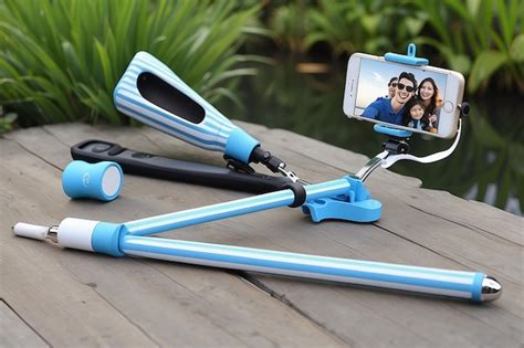 Premium Photo Blue And White Strip Selfie Stick