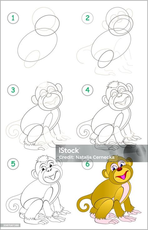 귀여운 원숭이를 그리는 방법을 단계별로 배우는 방법을 보여주는 페이지입니다 아이들의 그림 그리기와 색칠 기술 개발 벡터 이미지입니다 0명에 대한 스톡 벡터 아트 및 기타