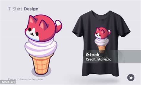 가와이이 아이스크림 고양이 와플 콘에 둥근 새끼 고양이의 형태로 아이스크림 티셔츠 스웨트셔츠 휴대 전화 케이스 기념품에 인쇄 격리 벡터 일러스트레이션 0명에 대한 스톡 벡터