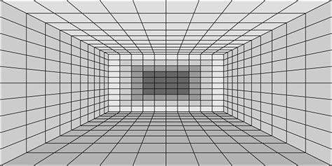 원근 그리드가 있는 3d 룸 코너 내부 와이어프레임 라인 가상 현실 배경 기술 디자인 벽 및 바닥 타일 그리드를 원포인트