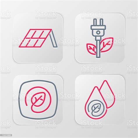 세트 라인 물 에너지 잎이 있는 위치 전기 절약 플러그 인 및 태양 전지판 아이콘 벡터 0명에 대한 스톡 벡터 아트 및 기타 이미지 Istock