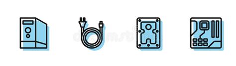 Set Line Hard Disk Drive Hdd Case Of Computer Electric Plug And Motherboard Digital Chip Icon