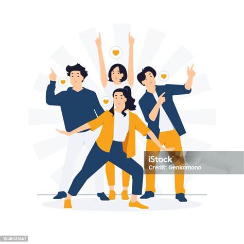 행복한 다양한 사람들 친구 또는 동료들이 서서 사진을 찍기 위해 함께 포즈를 취하고 카메라를 보고 있습니다 커뮤니티 협력 우정 팀워크 개념 일러스트레이션 재미에 대한 스톡