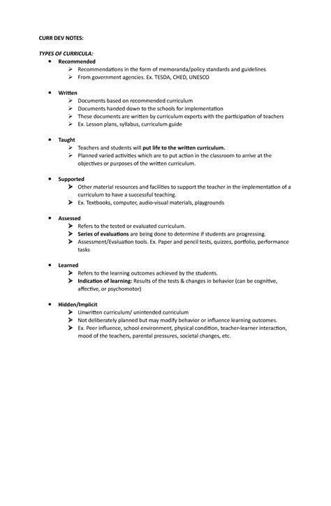 Curr Dev Notes Professional Education Curr Dev Notes Types Of