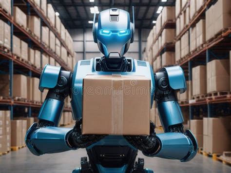 Efficient Ai Robot Working In A Distribution Warehouse And Moving Delivery Boxes Automation And