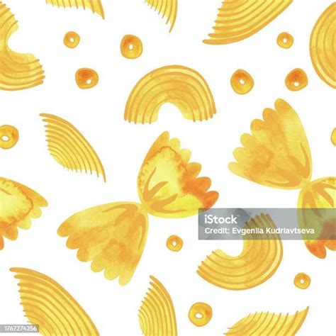 메뉴 포장지 파스타 포장 카페 또는 레스토랑의 직물 커튼 식탁보 소파 실내 장식 디자인을위한 이탈리아 파스타와의 완벽한 패턴 흰색 배경에 수채화 그림입니다 가정 주방에 대한