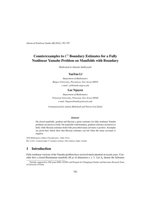 Pdf Counterexamples To C 2 Boundary Estimates For A Fully Nonlinear Yamabe Problem On