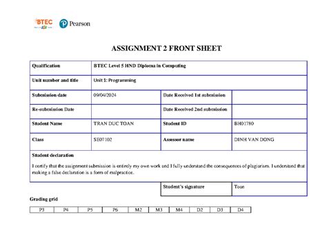 Report Asm2 2nd Programming Toantd Bh01780 Assignment 2 Front Sheet