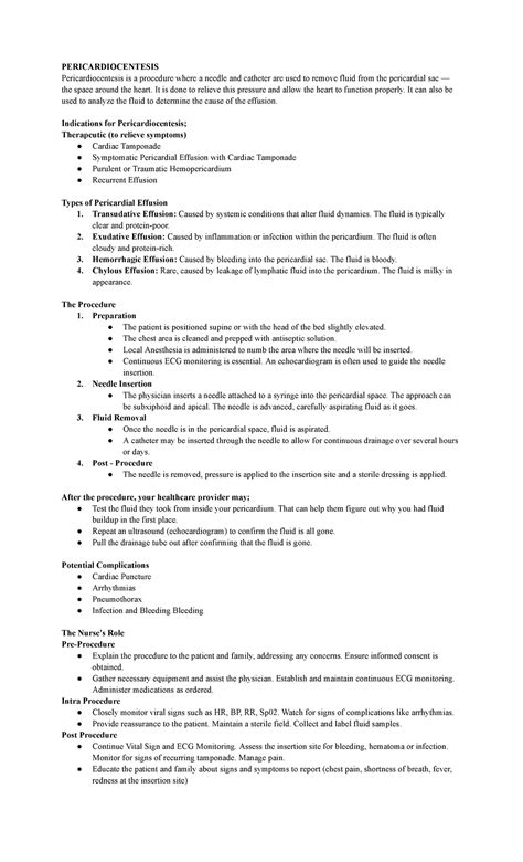 Pericardiocentesis Procedure Indications And Complications Studocu