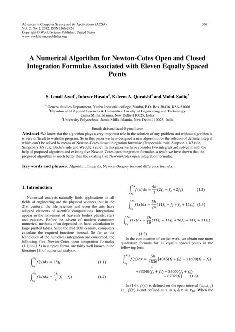 Pdf A Numerical Algorithm For Newton Cotes Open And Closed Integration Formulae Associated