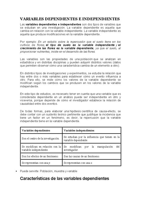 Variables Dependientes E Independientes Variables Dependientes E Independientes Las Variables