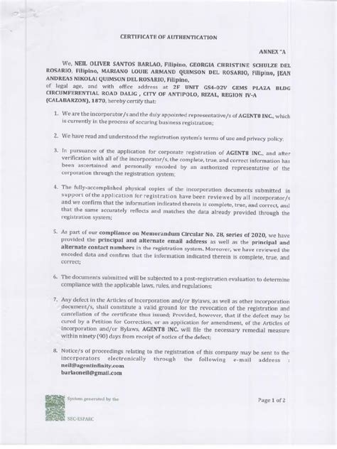 Certificate Of Authentication Signed And Notarized Pdf
