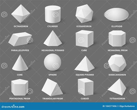 Geometric 3d Shapes Realistic White Basic Geometry Form Sphere And Pyramid Hexagonal And Prism