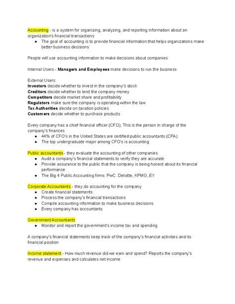 Accounting Notes Accounting Is A System For Organizing Analyzing And Reporting Information
