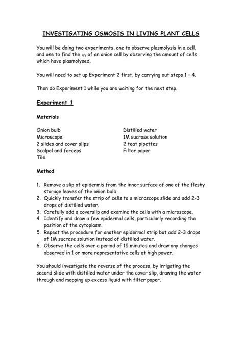 Investigating Osmosis In Living Plant Cells