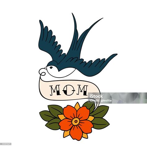 리본 삼키기 꽃 및 단어 엄마가있는 고립 된 문신 심장 어머니의 날을위한 컬러 일러스트레이션 올드 스쿨 복고풍 일러스트레이션 복고풍 문신 문신에 대한 스톡 벡터 아트 및