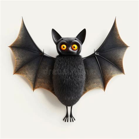 Cute Cartoon Black Bat With Big Glowing Eyes And Wide Spread Wings