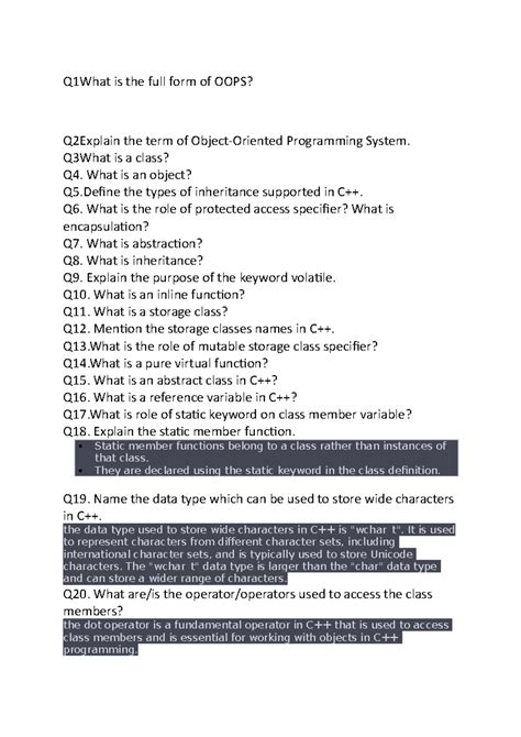 Opps With C Questions Nd Answers Q2explain The Term Of Object Oriented Programming System