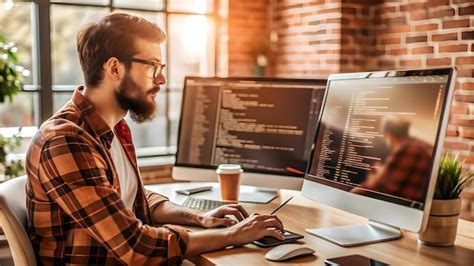 3d candid shot of a software engineer debugging code in a modern office