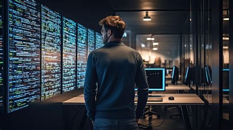 Premium Ai Image A Man Of Developers Monitors Showing Lines Of Code