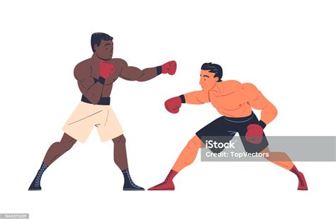스포츠 반바지와 권투 글러브를 입은 두 명의 프로 권투 선수가 링 만화 벡터 일러스트레이션에서 상대를 때리고 있다 권투 스포츠에