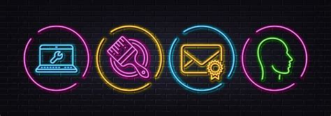 브러시 노트북 수리 및 확인 된 메일 최소 라인 아이콘 웹 응용 프로그램의 경우 인쇄 네온 레이저 3d 조명 벡터 Diy에 대한 스톡 벡터 아트 및 기타 이미지 Istock