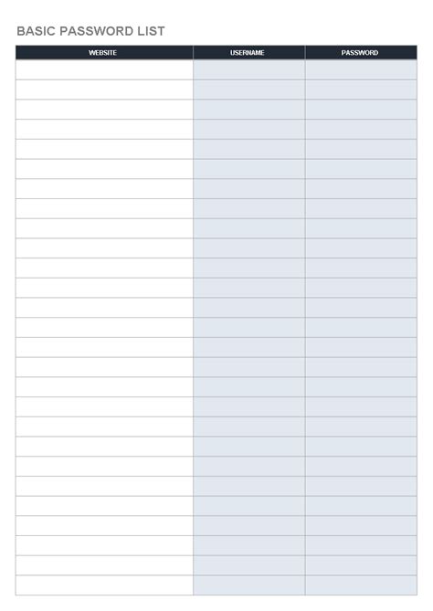 Basic Website Password List Template Manage Passwords And Usernames