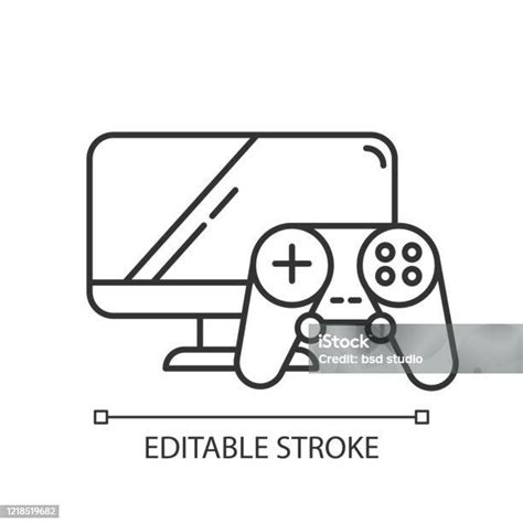 비디오 게임 및 콘솔 선형 아이콘입니다 게임 컨트롤러 모니터 화면 전자 상거래 부서 가는 선 그림입니다 등고선 기호입니다 벡터 절연 윤곽선 도면 편집 가능한 스트로크 비디오