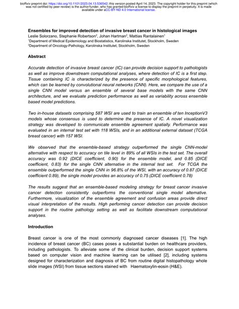 Pdf Ensembles For Improved Detection Of Invasive Breast Cancer In Histological Images