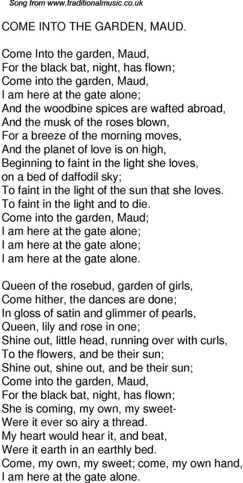 Old Time Song Lyrics For 36 Come Into The Garden Maud