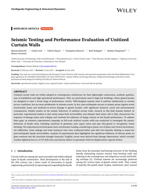 Pdf Seismic Testing And Performance Evaluation Of Unitized Curtain Walls