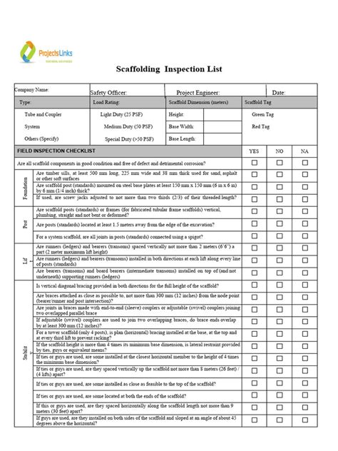 Scaffold Inspection Checklist Pdf Scaffolding Equipment