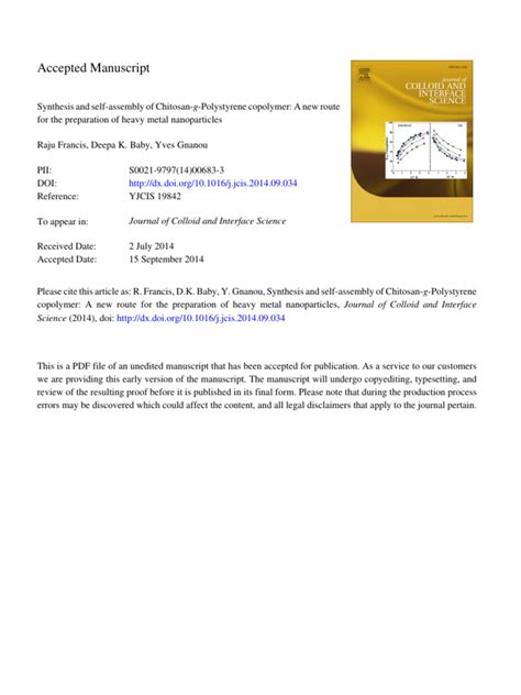 2015 Synthesis And Self Assembly Of Chitosan G Polystyrene Copolymer