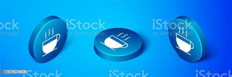 파란색 배경에 격리 된 등색 커피 컵 아이콘 차 컵 뜨거운 음료 커피 파란색 원 버튼입니다 벡터 일러스트레이션 3차원 형태에 대한 스톡 벡터 아트 및 기타 이미지 Istock