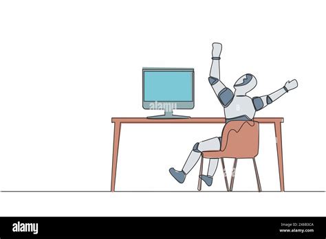 Continuous One Line Drawing Back View Of Happy Robot Completed Task And Triumphing With Raised