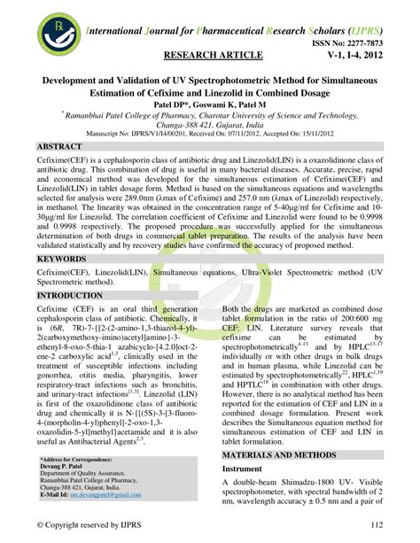 Pdf Development And Validation Of Uv Spectrophotometric Method For Simultaneous Estimation Of