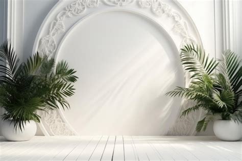 제품 프레젠테이션을 위한 추상 흰색 스튜디오 배경 창문과 꽃 야자잎의 그림자가 있는 빈 방은 복사 공간이 있는 3d 공간 Ai 생성 프리미엄 사진