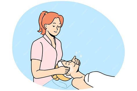 미용사는 미용실에서 여성 고객에게 얼굴 마사지를 합니다 미용사는 스파에서 여성 환자에게 마스크나 얼굴 시술을 합니다 스킨케어 루틴 벡터 그림 프리미엄 벡터