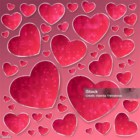 은색 프레임과 색종이 조각이 있는 분홍색 종이 하트 스티커 반짝임 글자 사랑이 있는 먼지 분홍색 배경에 행복합니다 해피 발렌타인