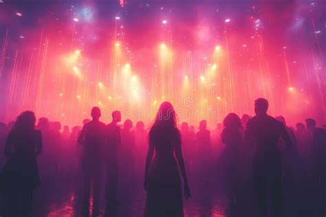 Electric Vibes Thrilling Moments Of A Techno Music Festival With Crowds Danc Stock Illustration