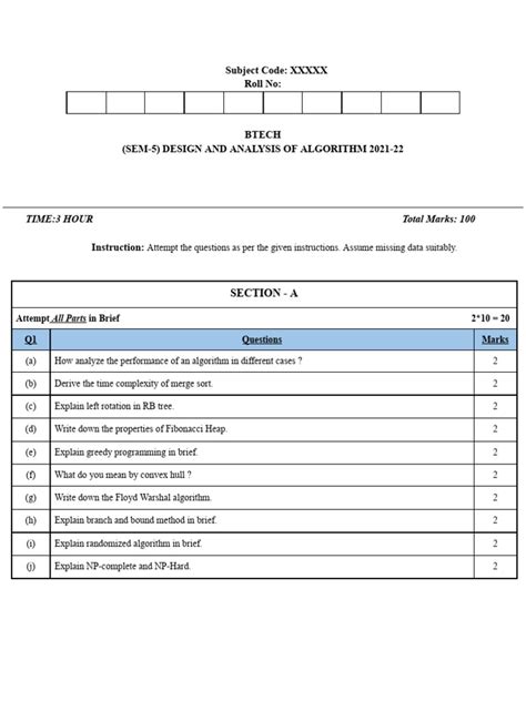 Design And Analysis Of Algorithm Question Paper 21 22 Pdf Teaching Methods And Materials