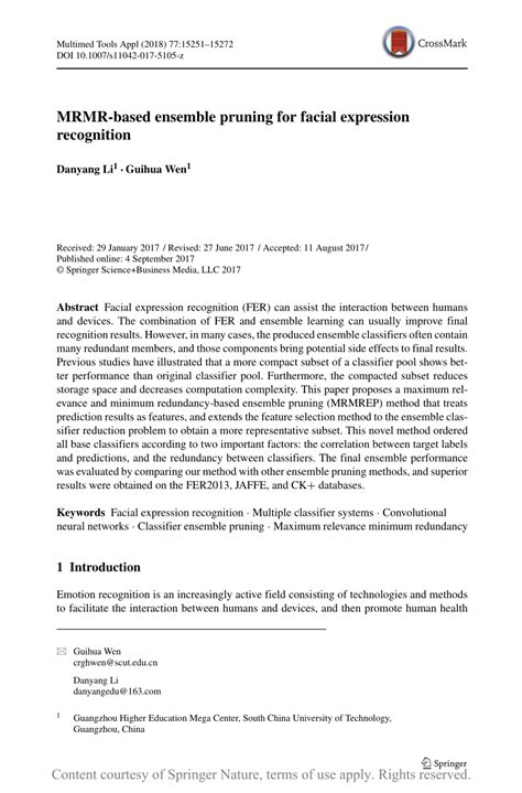 Mrmr Based Ensemble Pruning For Facial Expression Recognition Request Pdf