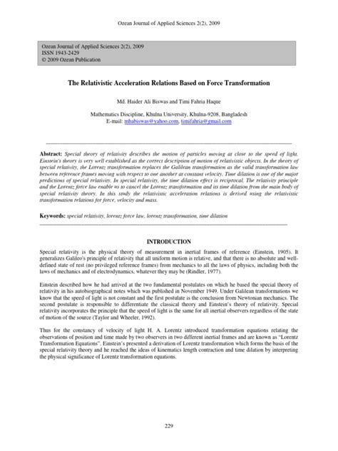 The Relativistic Acceleration Relations Pdf Special Relativity Theory Of Relativity